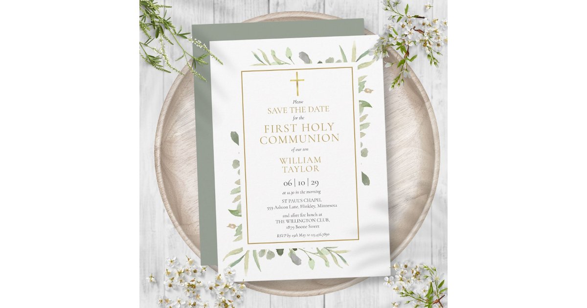 First Holy Communion Elegant Greenery Save The Date | Zazzle