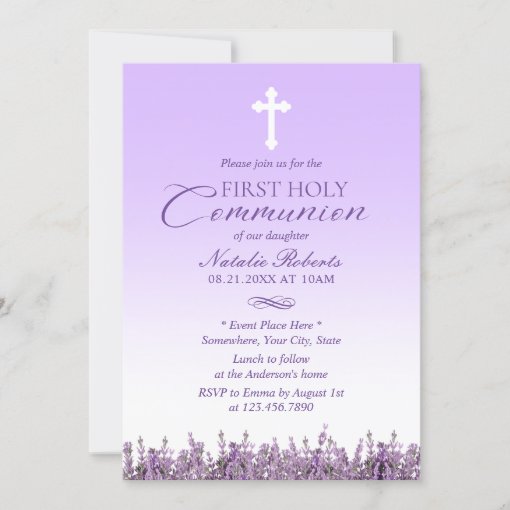 First Holy Communion Elegant Lavender Floral Invitation | Zazzle