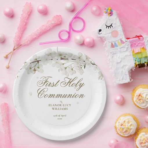 First Holy Communion Elegant White Blossom Floral Paper Plates | Zazzle