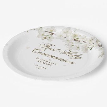 First Holy Communion Elegant White Blossom Floral Paper Plates | Zazzle