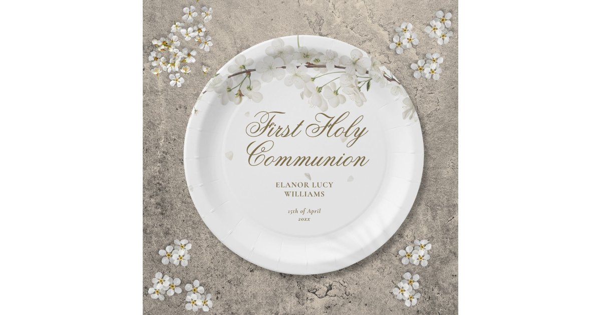 First Holy Communion Elegant White Blossom Floral Paper Plates | Zazzle