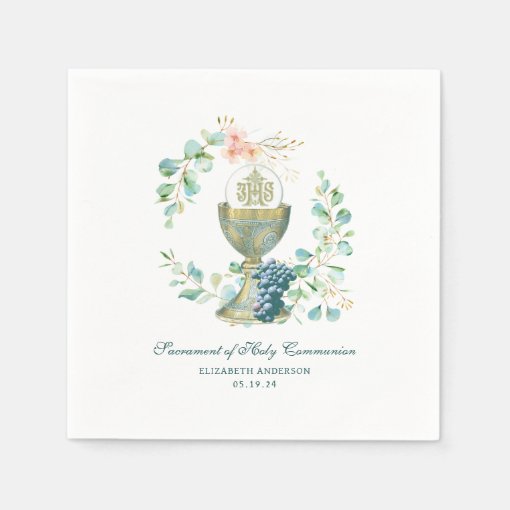 First Holy Communion Eucharist Floral Chalice Host Napkins | Zazzle