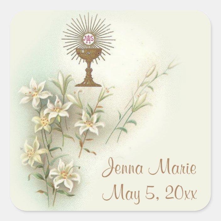 First Holy Communion Eucharist Flowers Square Sticker | Zazzle.com