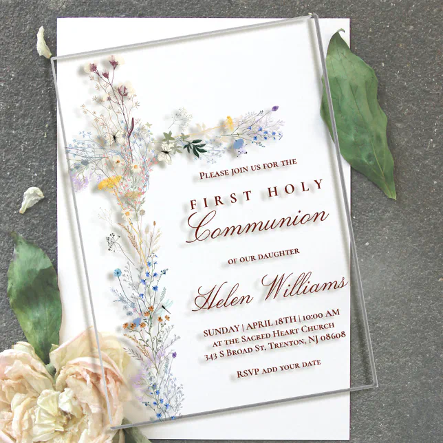 First Holy Communion floral cross Acrylic Invitations | Zazzle