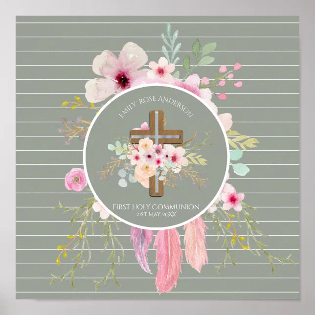 First Holy Communion Floral Cross Girls Sage Pink Poster | Zazzle
