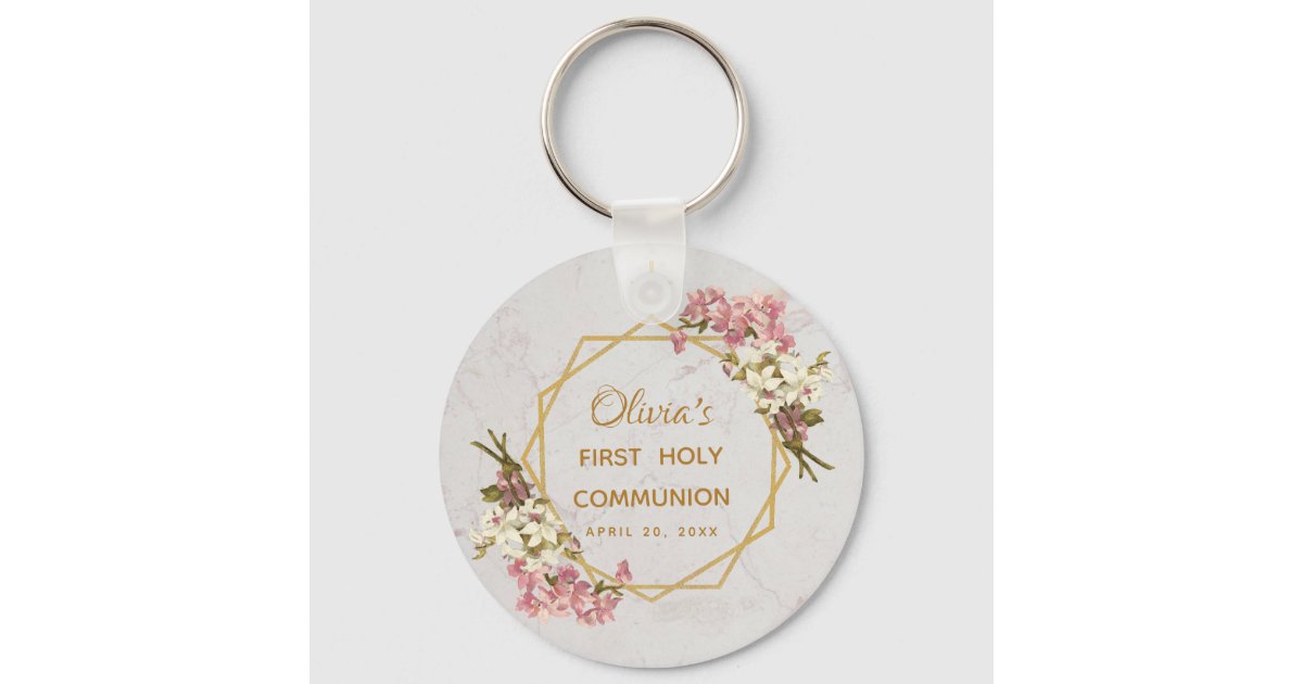 First Holy Communion Floral Gold Orchids Marble Keychain | Zazzle
