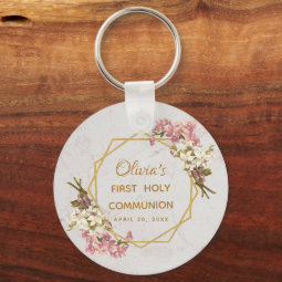 First Holy Communion Floral Gold Orchids Marble Keychain | Zazzle
