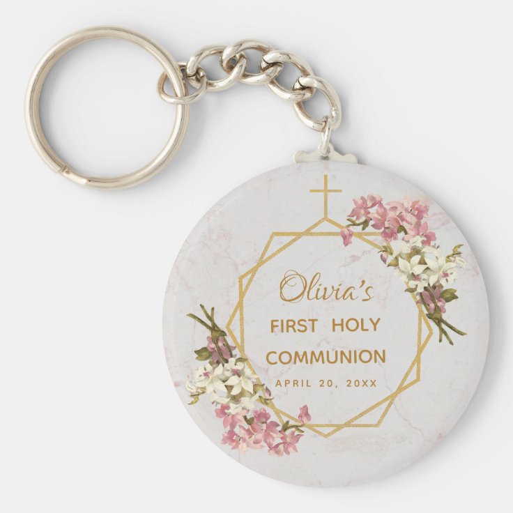 First Holy Communion Floral Gold Orchids Marble Keychain | Zazzle