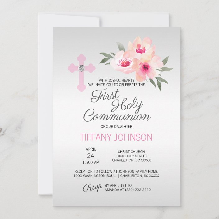 First Holy Communion Floral Pink Cross GIRL + POEM Invitation | Zazzle.com
