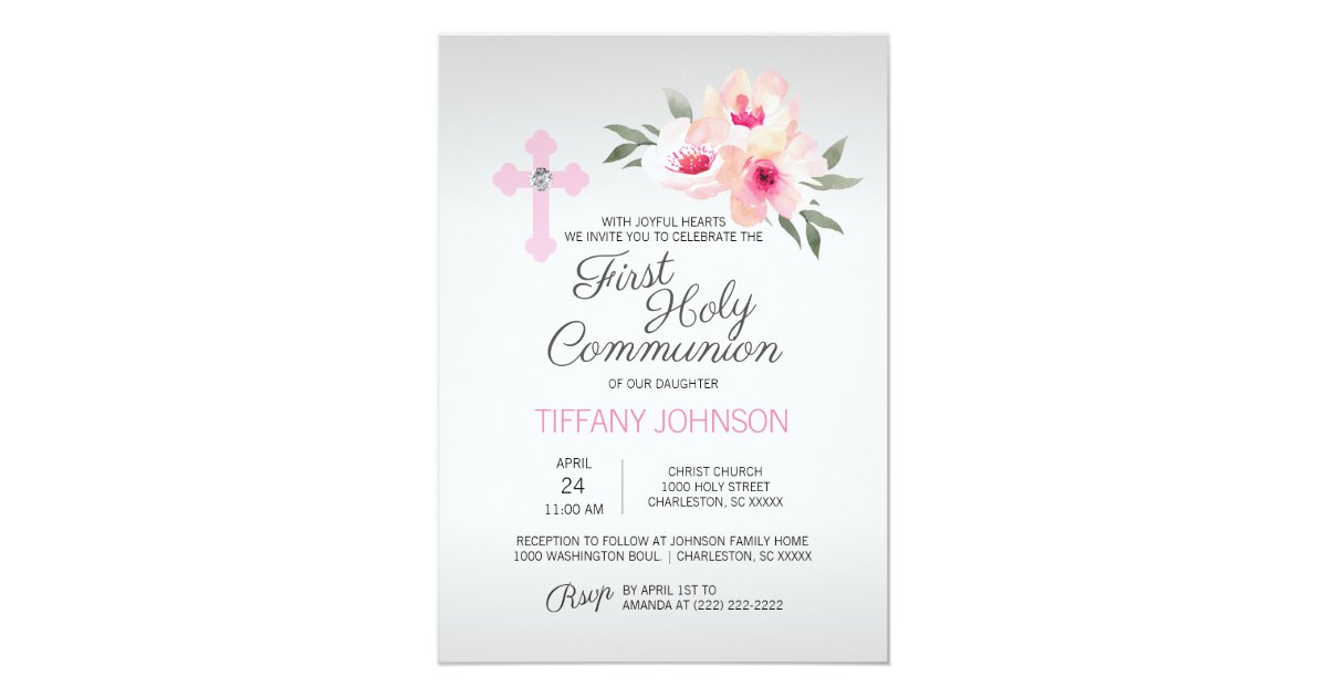 First Holy Communion Floral Pink Cross GIRL + POEM Invitation | Zazzle.com