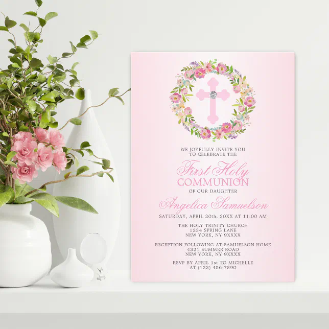 First Holy Communion Girl Floral Cross Invitation | Zazzle