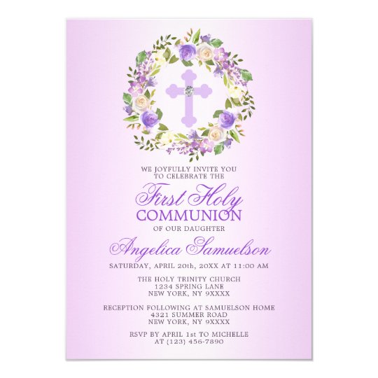 First Holy Communion Girl Floral Purple Lavender Invitation | Zazzle.com