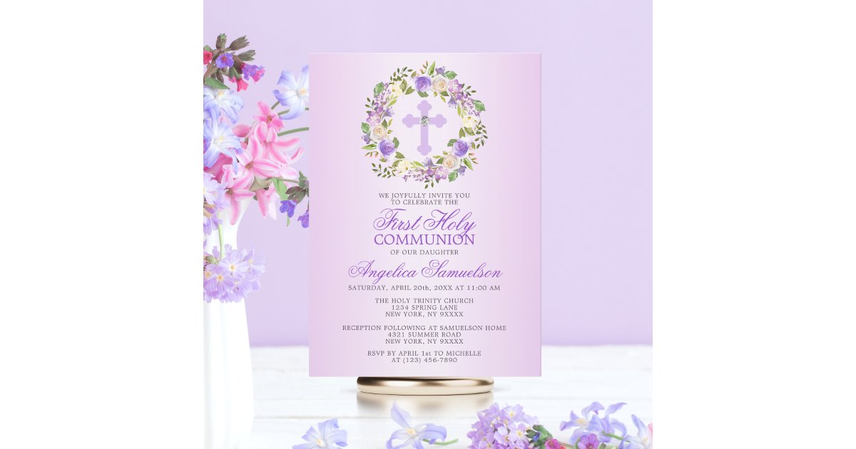 First Holy Communion Girl Floral Purple Lavender Invitation | Zazzle