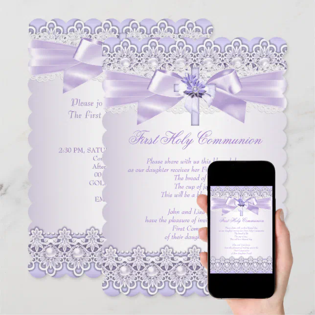 First Holy Communion Girls Cross Lavender Purple 2 Invitation | Zazzle