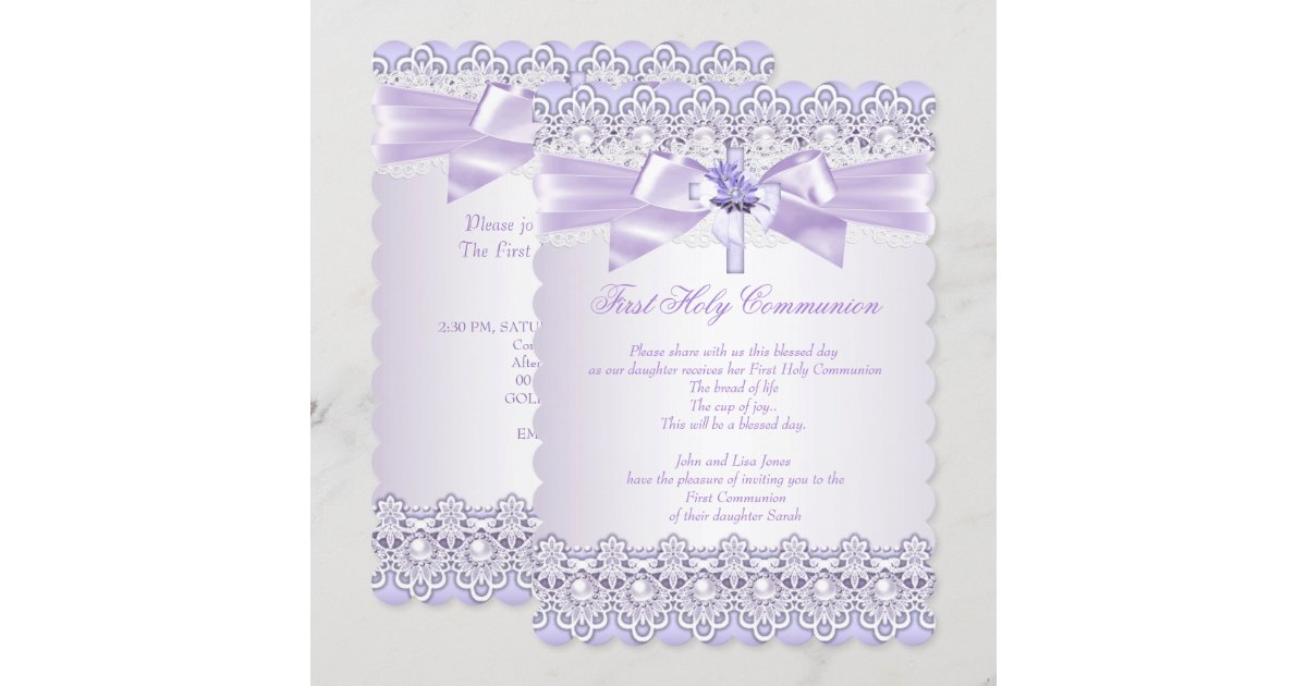 First Holy Communion Girls Cross Lavender Purple 2 Invitation | Zazzle