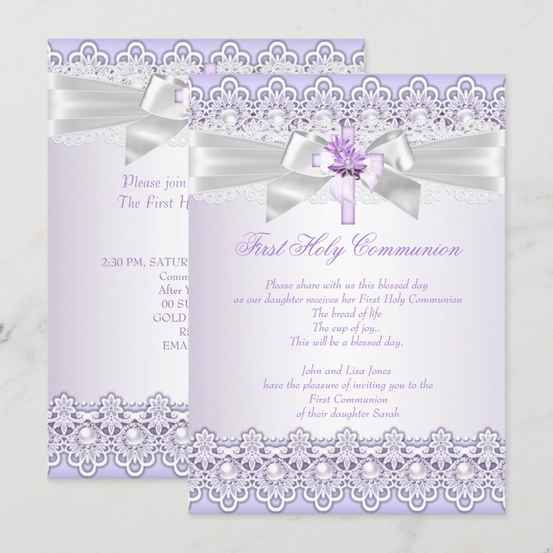 First Holy Communion Girls Cross Lavender Purple Invitation | Zazzle