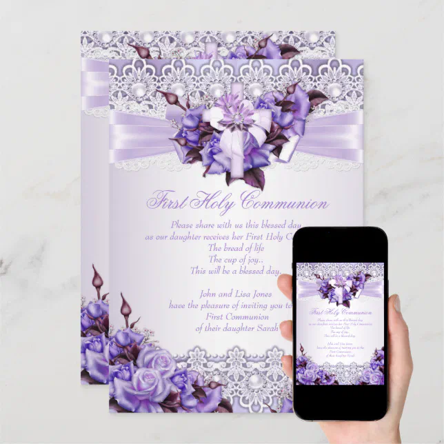 First Holy Communion Girls Lilac Lavender Purple 2 Invitation | Zazzle