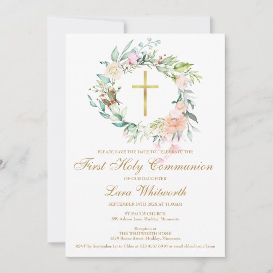 First Holy Communion Gold Cross Watercolor Floral Save The Date ...