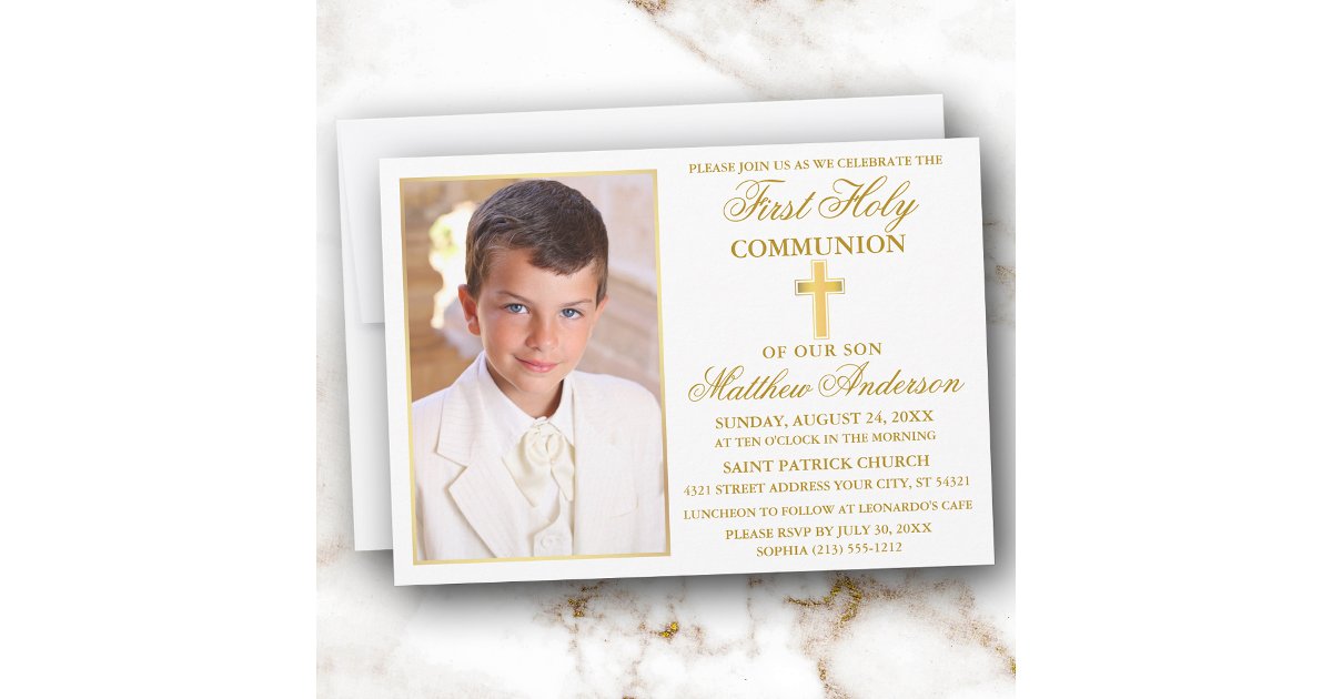 First Holy Communion Gold Frame Photo Invitation | Zazzle