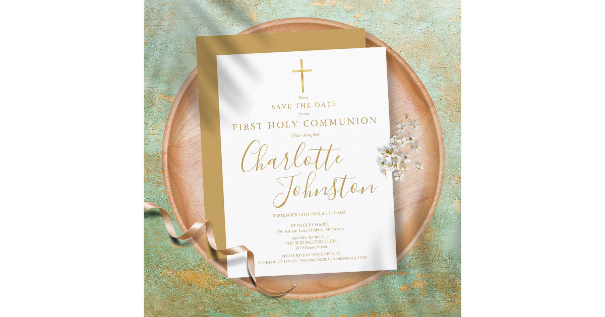 First Holy Communion Gold Signature Save The Date Announcement Postcard ...