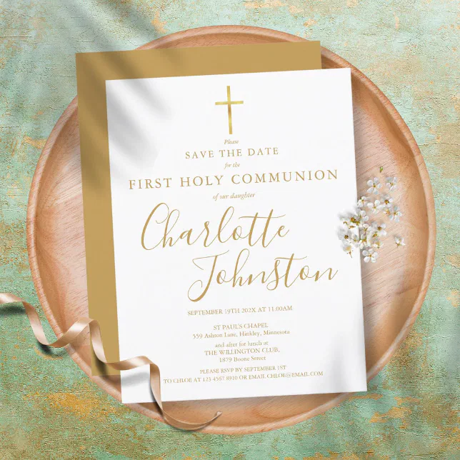 First Holy Communion Gold Signature Save The Date Announcement Postcard ...
