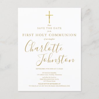 First Holy Communion Gold Signature Save The Date Announcement Postcard ...