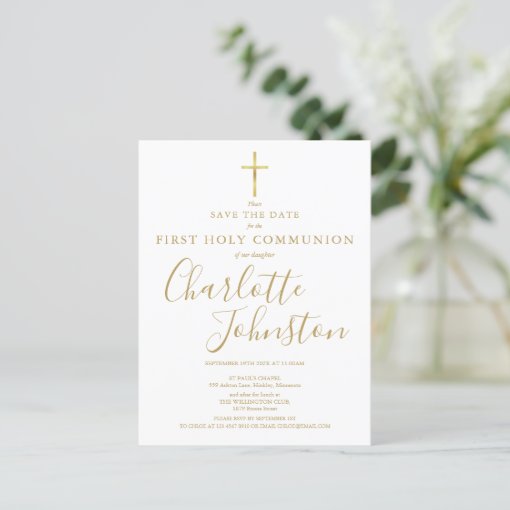 First Holy Communion Gold Signature Save The Date Announcement Postcard ...