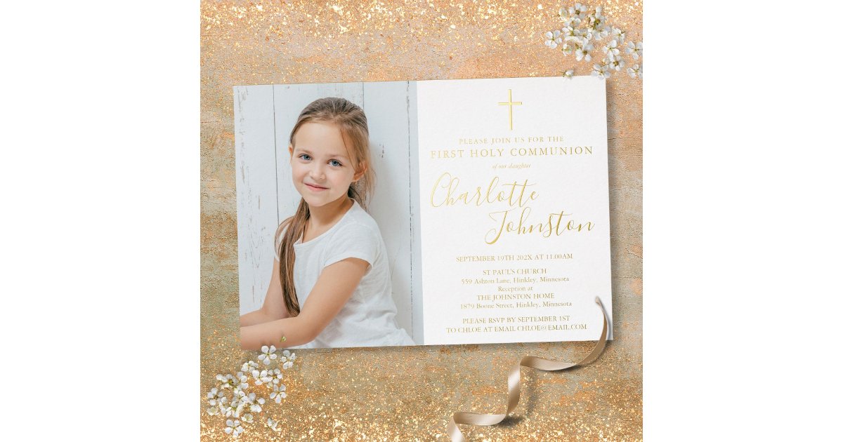 First Holy Communion Golden Script Photo Foil Invitation | Zazzle
