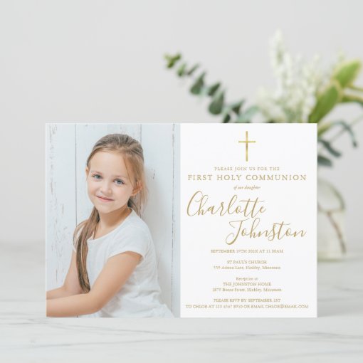 First Holy Communion Golden Script Photo Invitation | Zazzle