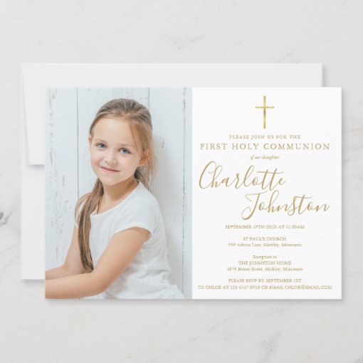 First Holy Communion Golden Script Photo Invitation | Zazzle