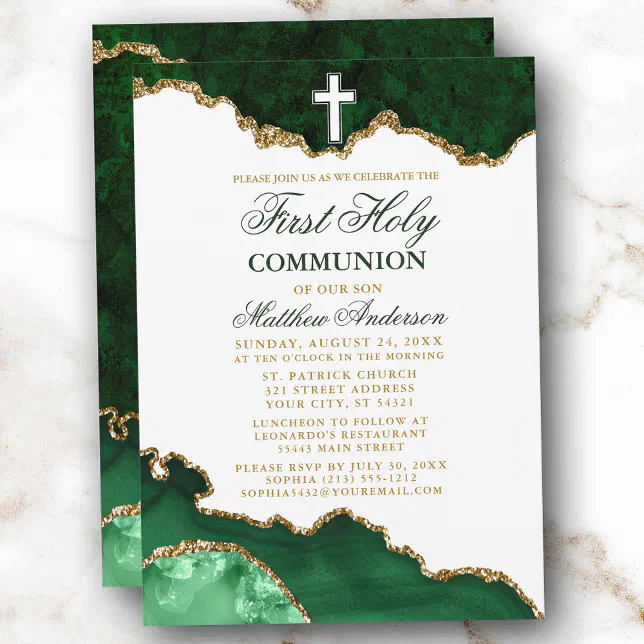 First Holy Communion Green Gold Marble Geode Invitation | Zazzle