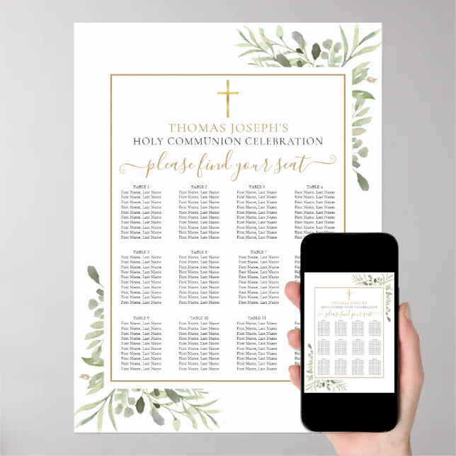 First Holy Communion Greenery Gold Seating Chart | Zazzle