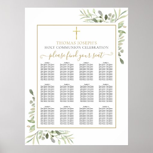 First Holy Communion Greenery Gold Seating Chart | Zazzle