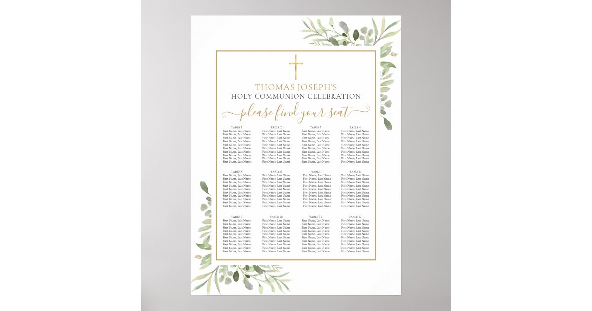 First Holy Communion Greenery Gold Seating Chart | Zazzle