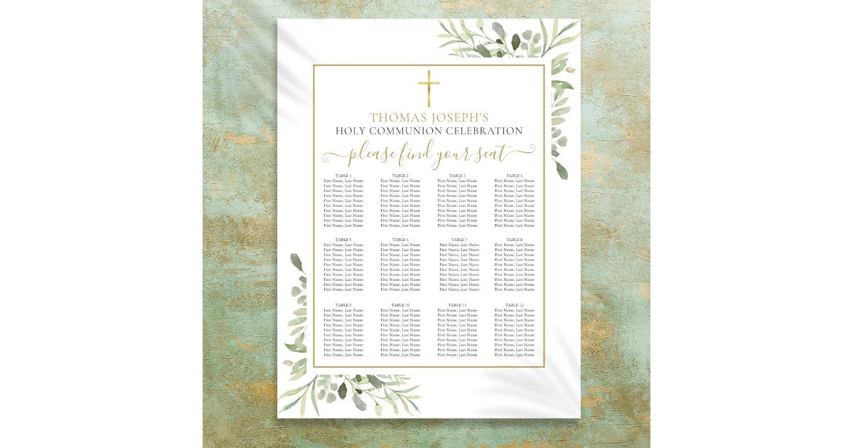 First Holy Communion Greenery Gold Seating Chart | Zazzle
