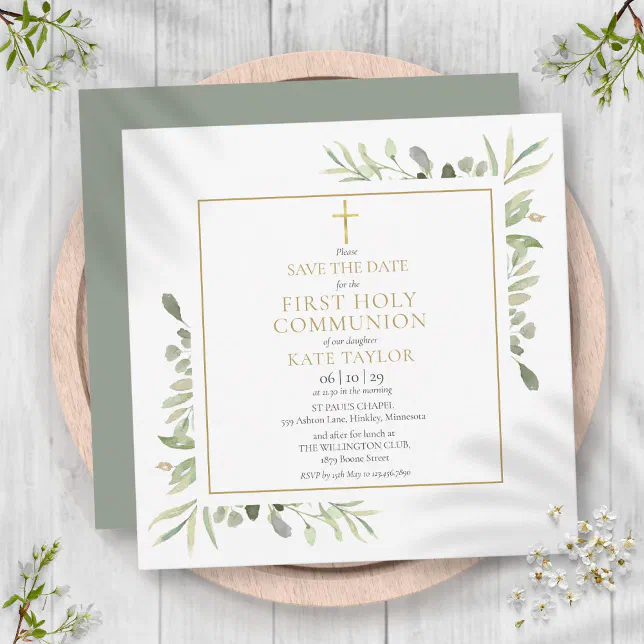First Holy Communion Greenery Square Save The Date | Zazzle
