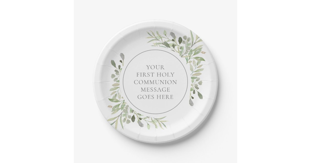 First Holy Communion Greenery Watercolor Paper Plates | Zazzle