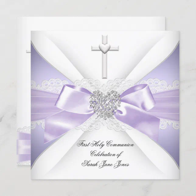 First Holy Communion Lavender Silver Heart Girl Invitation | Zazzle