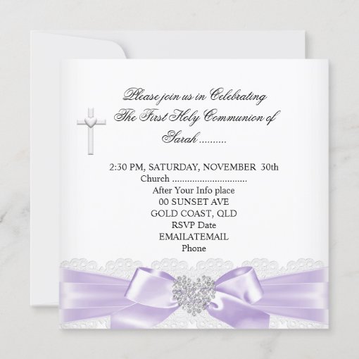 First Holy Communion Lavender Silver Heart Girl Invitation | Zazzle