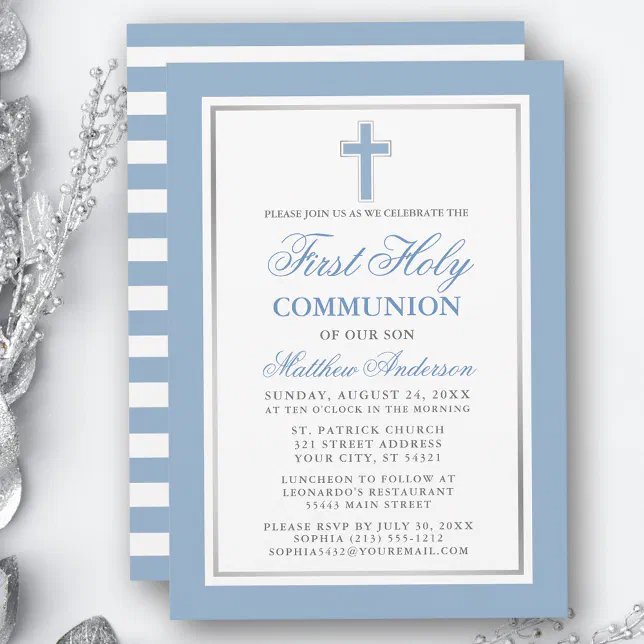 First Holy Communion Light Blue Silver Striped Invitation | Zazzle