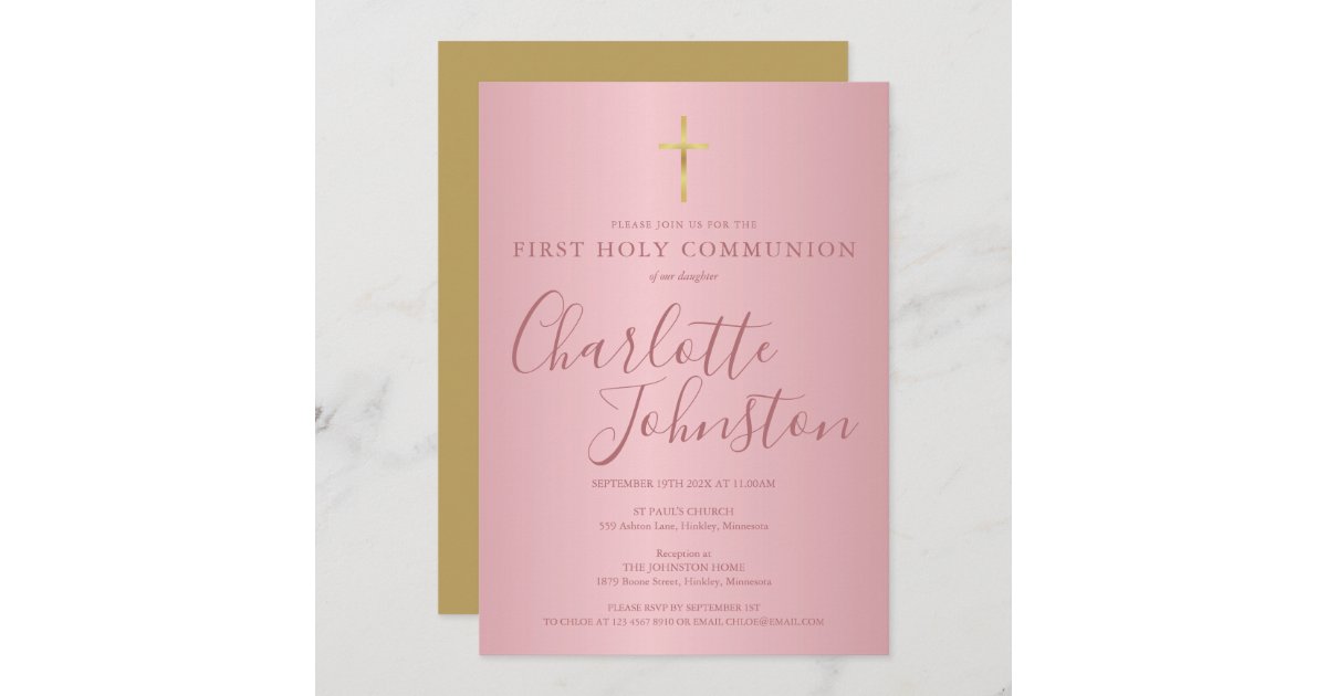 First Holy Communion Modern Script Rose Gold Invitation | Zazzle