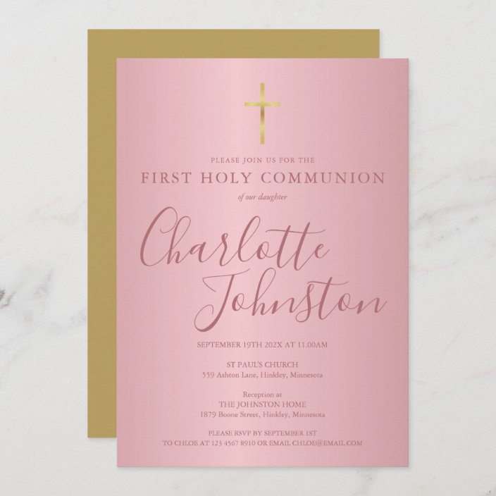 First Holy Communion Modern Script Rose Gold Invitation | Zazzle.com
