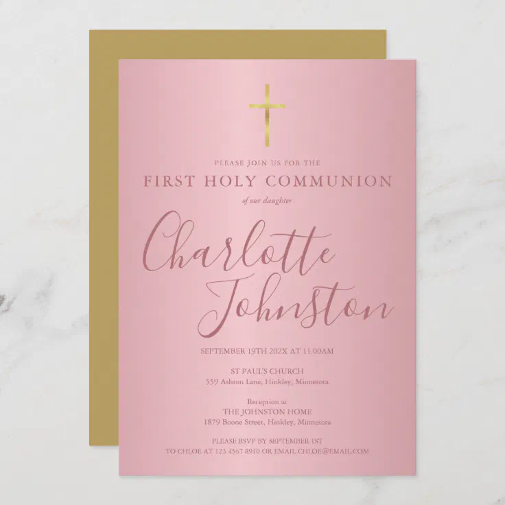 First Holy Communion Modern Script Rose Gold Invitation | Zazzle