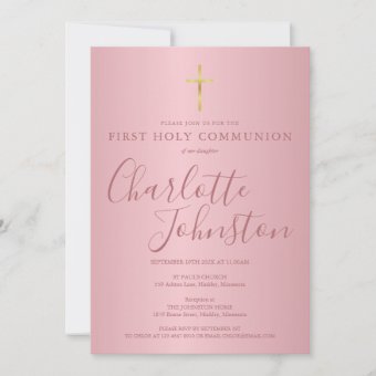 First Holy Communion Modern Script Rose Gold Invitation | Zazzle