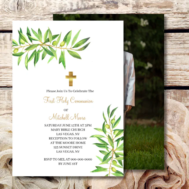 First Holy Communion Modern Simple Olive Branch Invitation | Zazzle
