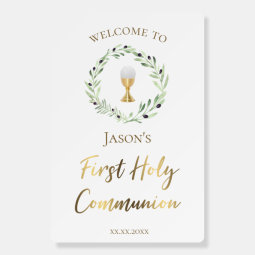 First Holy Communion olive wreath welcome sign | Zazzle