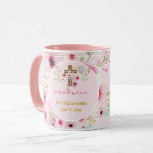 First Holy Communion PHOTO Gift Grils Pink Flowers Mug | Zazzle