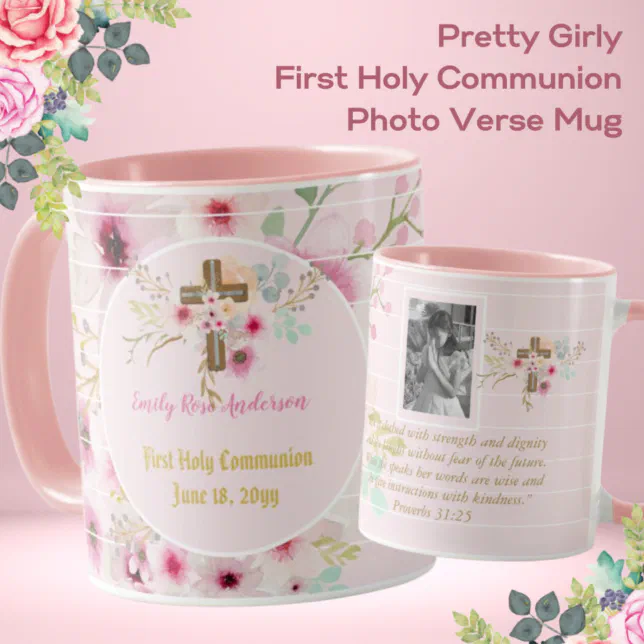 First Holy Communion PHOTO Gift Grils Pink Flowers Mug | Zazzle