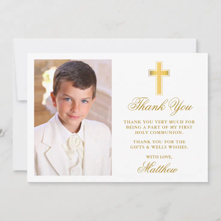 First Holy Communion Photo Gold Thank You Card | Zazzle