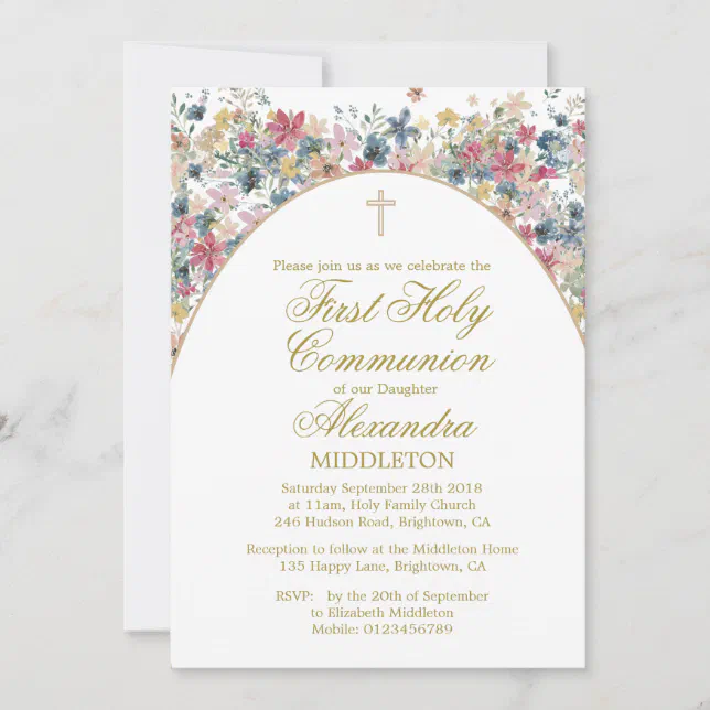 First Holy Communion Photo Modern Field Flowers Invitation | Zazzle